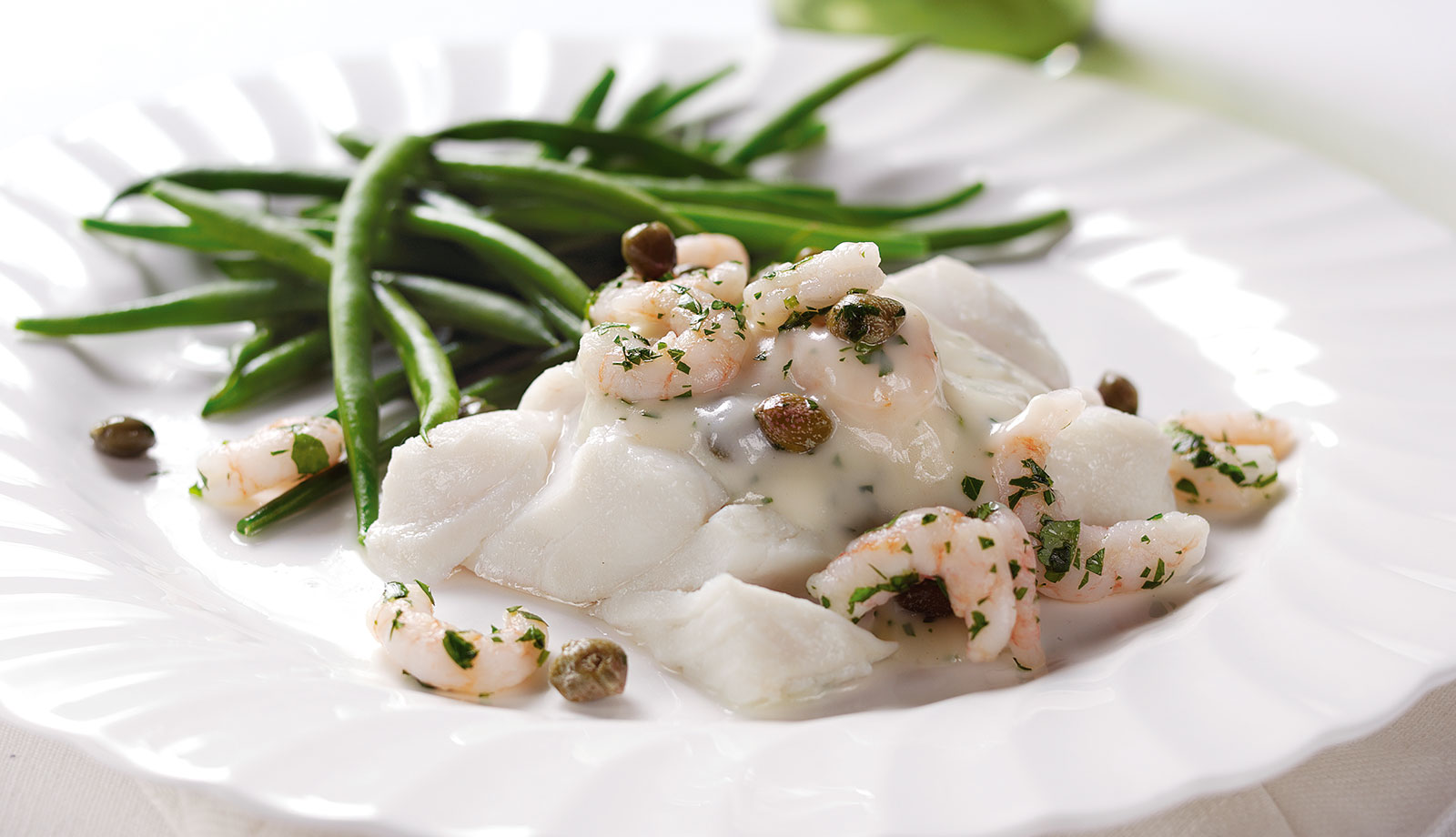 Wild Alaska Pacific Cod with Prawn, Parsley and Caper Sauce