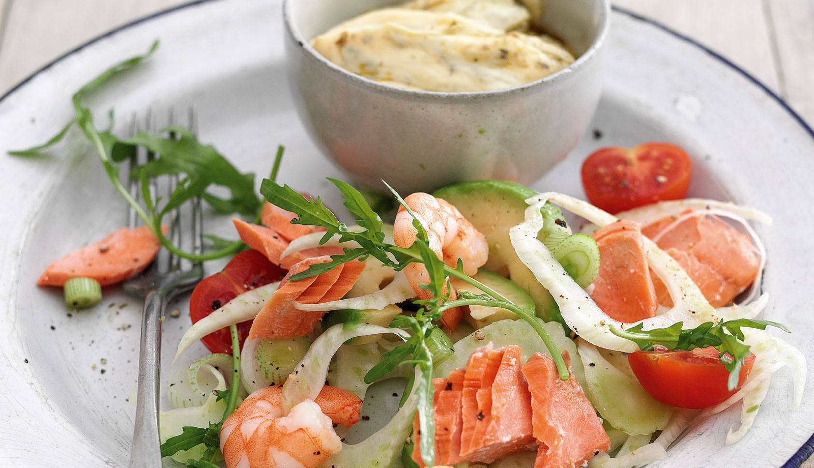 Poached Wild Alaska Salmon, Prawn and Avocado Salad