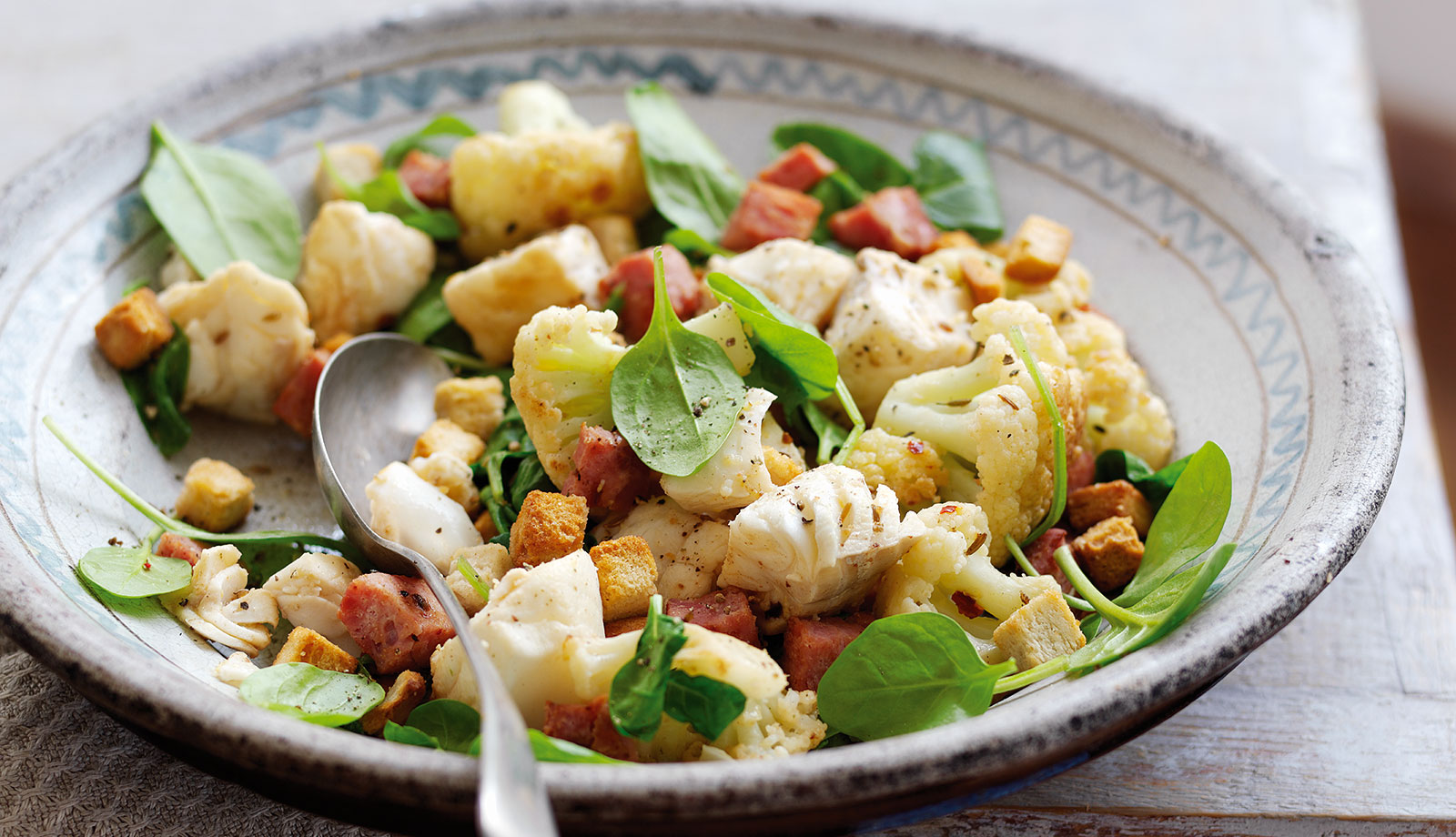 Wild Pacific Cod with Spiced Cauliflower, Bacon and Spinach