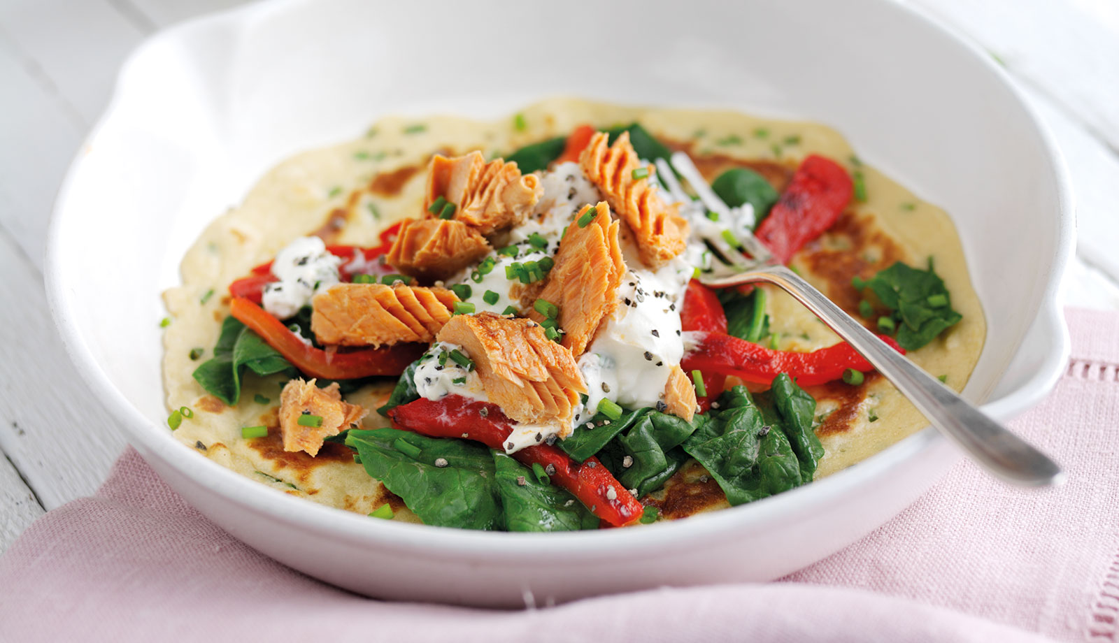 Spinach Pancakes with Alaska Salmon, Herbs and Soft Cheese