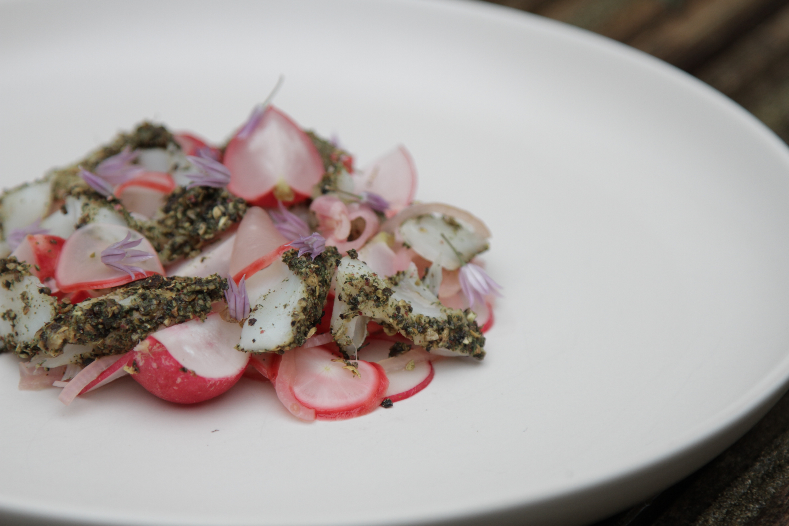 Peppered Alaska Pollock with Pickled Radish and Chicken Skin