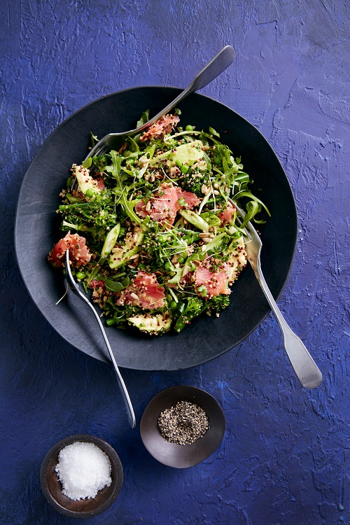 Warm Quinoa Salad with Avocado, Pancetta and Alaska Smoked Salmon